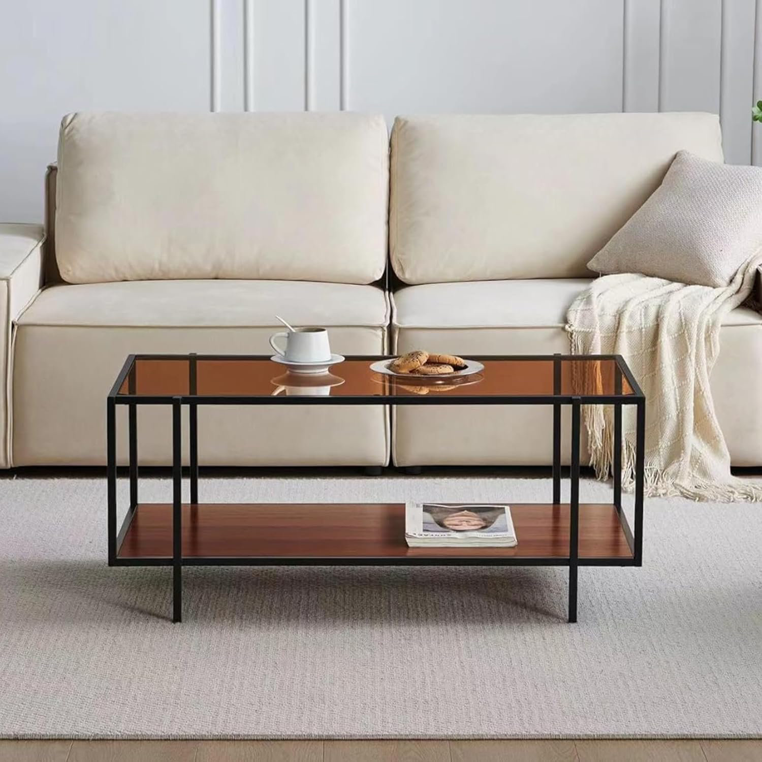 Orren Ellis Glass Coffee Table, Modern Design, Dual-Layer Coffee Table ...