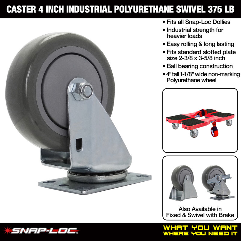 Snap-Loc 375 lb Caster 4 Inch Industrial Strength Polyurethane Swivel ...