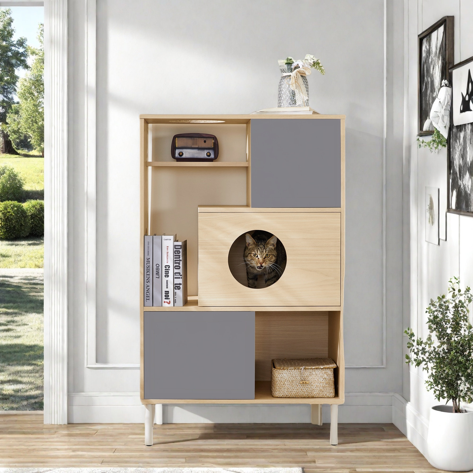Latitude Run® Modern Cat Bookcase Cat Tree Shelves With Storage Shelves ...