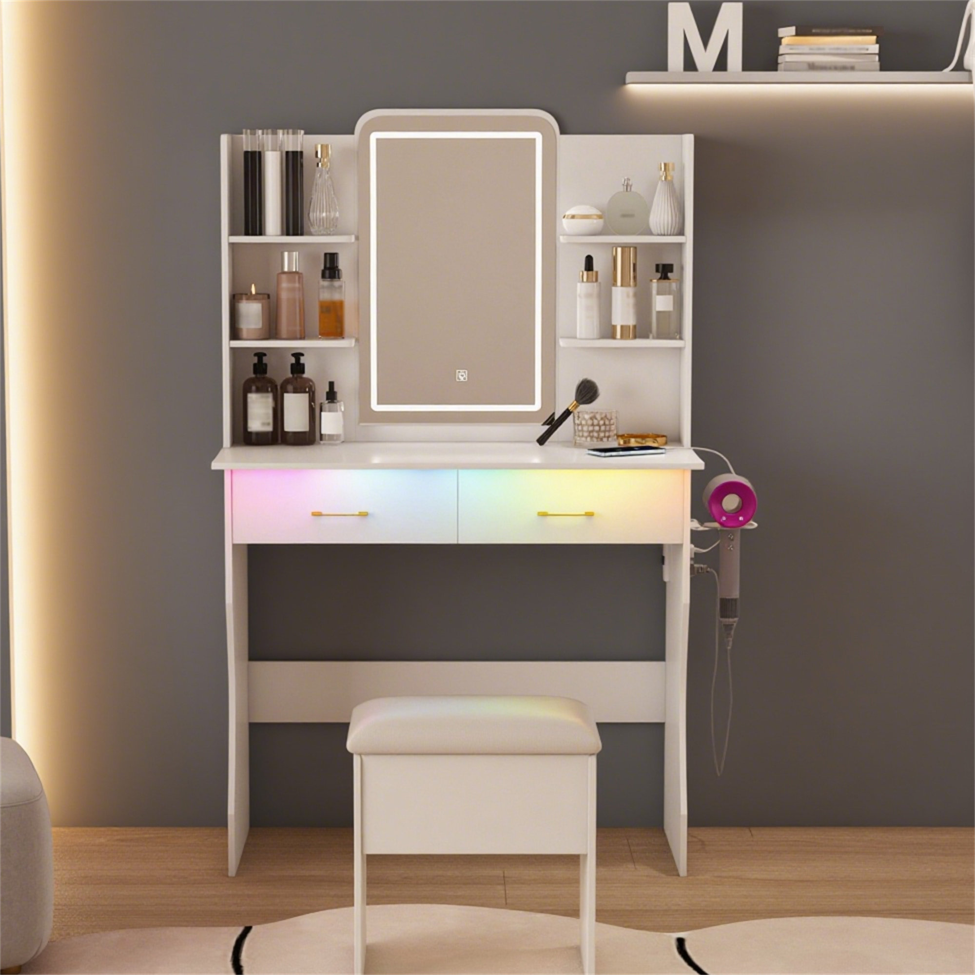 Wrought Studio Dressing Table With LED Lights, Mirror And Power Outlet ...