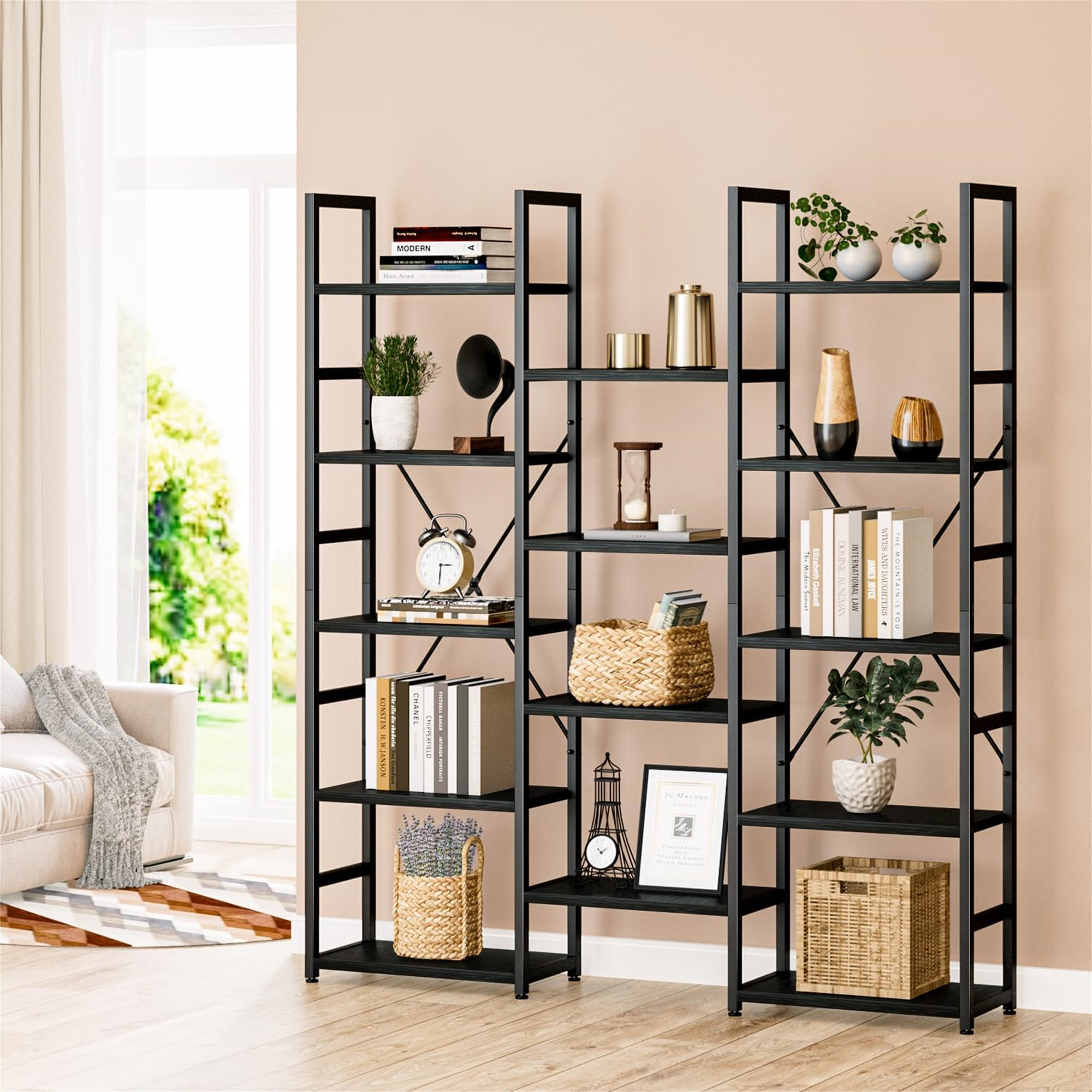 Brayden Studio Triple Column 5 Tier Bookshelf, Bookcase with 14 Open ...