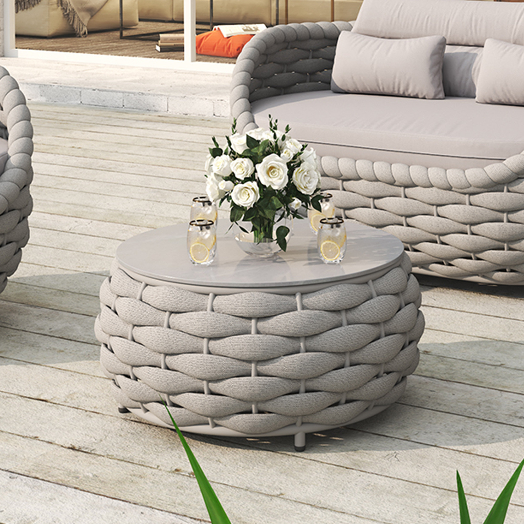 Latitude Run® Round Outdoor Coffee Table With Marble Pattern Sintered ...