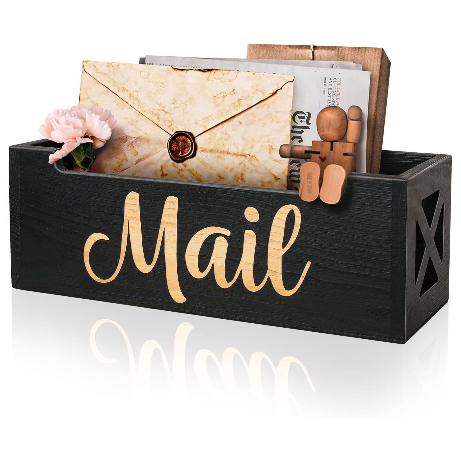 Gracie Oaks Mail Organizer Mail Holder Countertop, Rustic Wooden Mail ...
