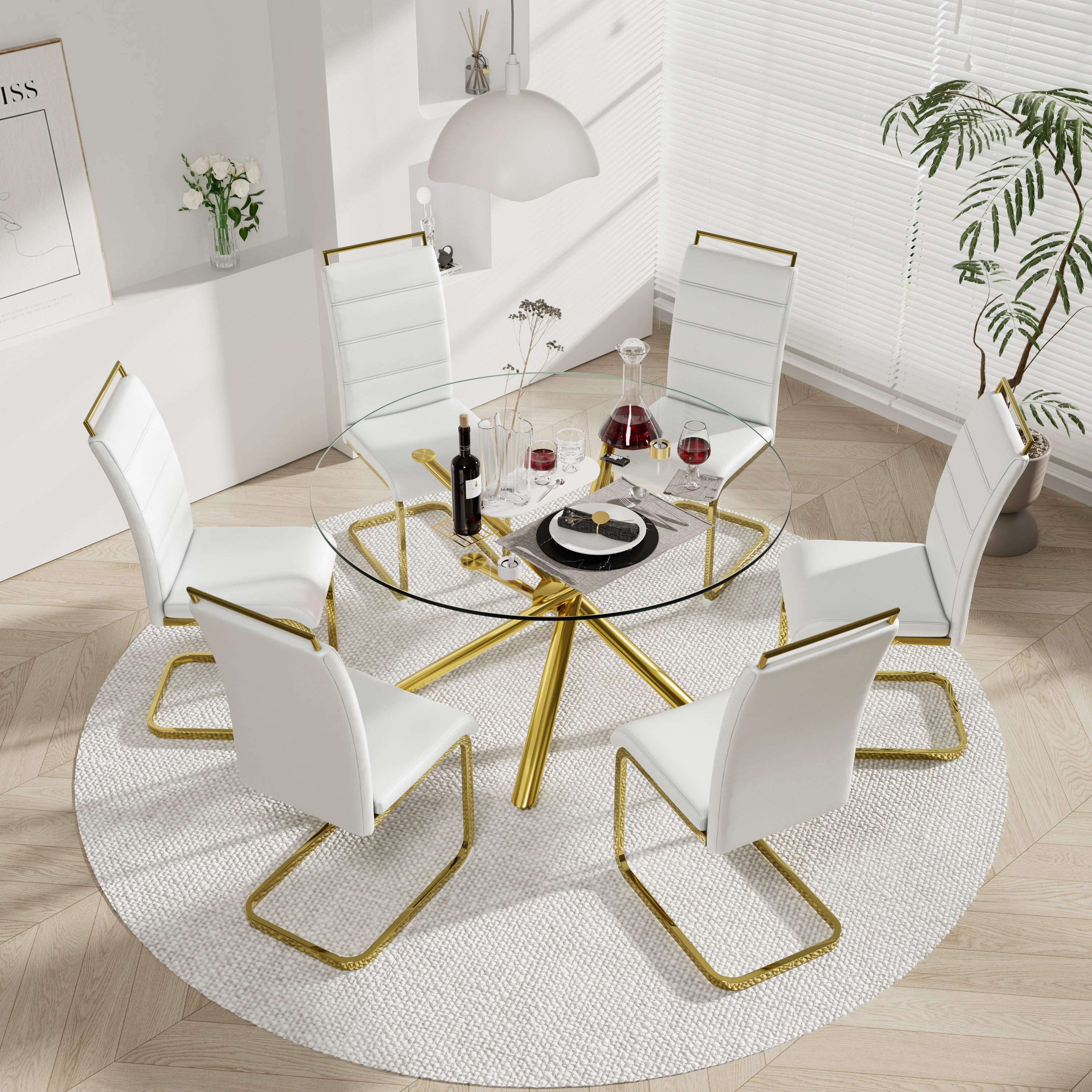 Mercer41 47in Modern Tempered Glass Top Dining Room Table Set with 6 ...