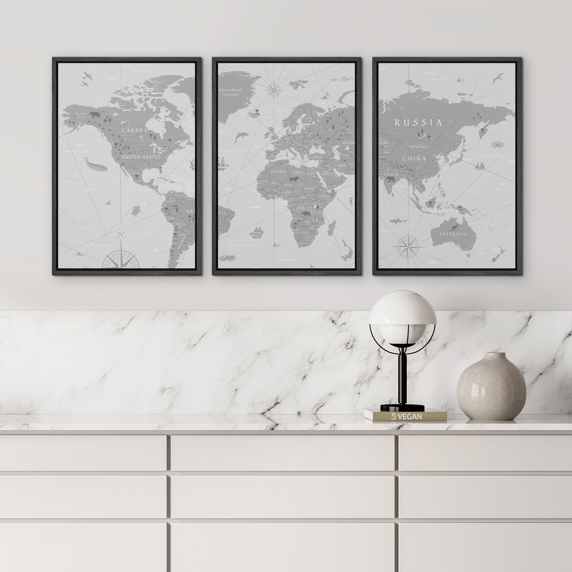 IDEA4WALL Framed Canvas Print Wall Art Set Retro Vintage Antique Grey ...