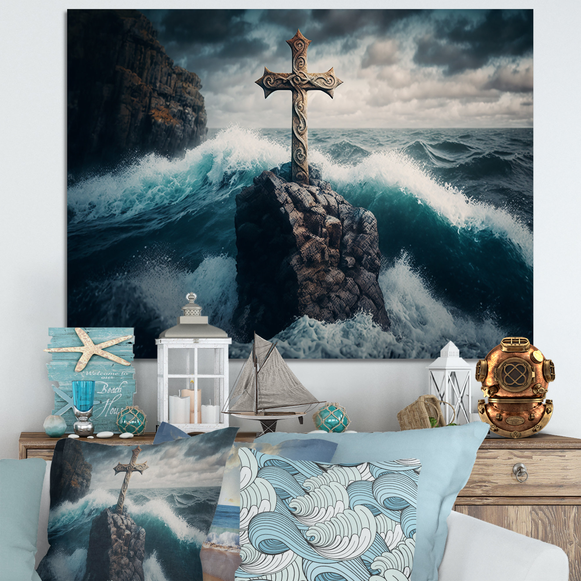 Dovecove Religious Cross in the Ocean Breaking Waves II - Print on ...