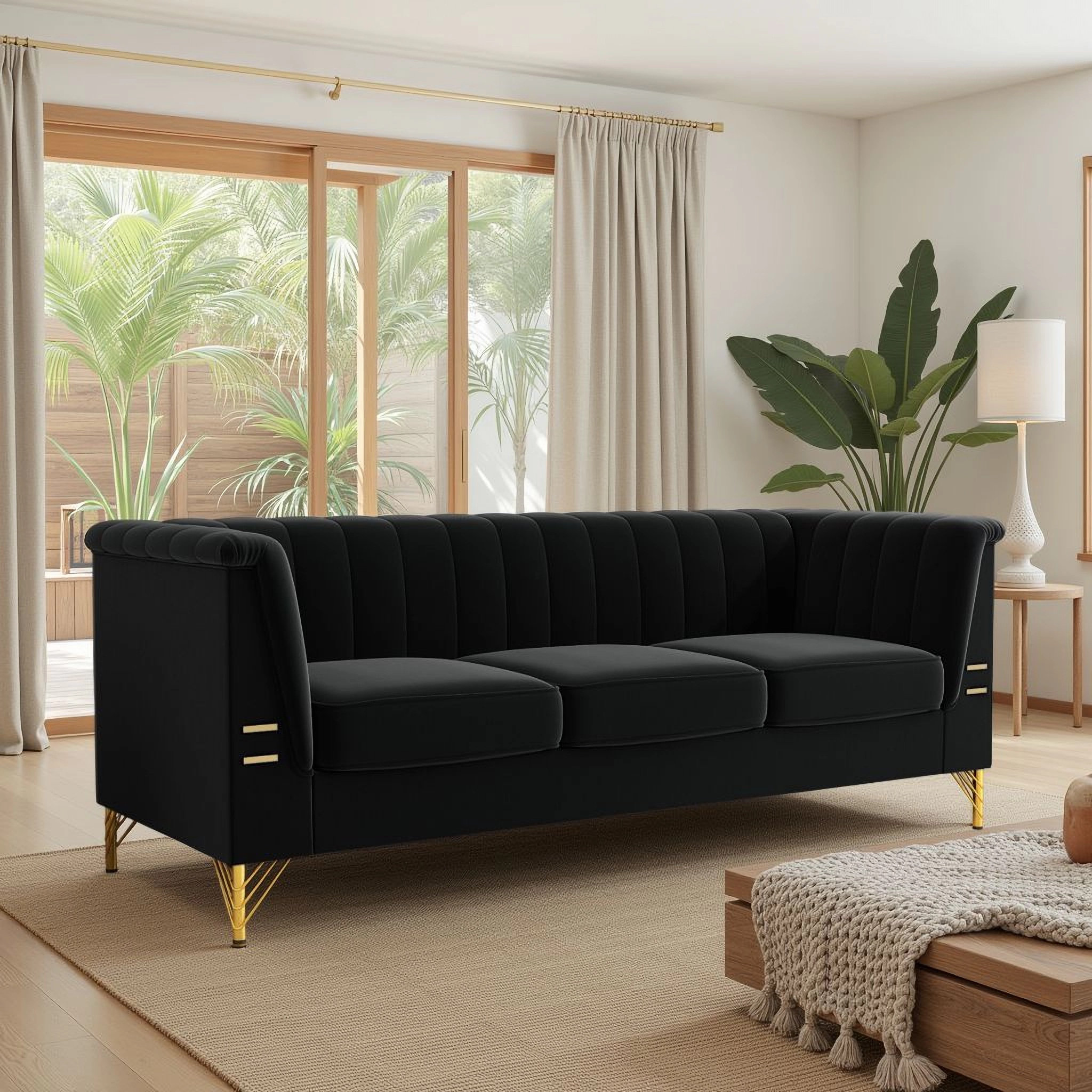 Mercer41 83.46" Velvet Channel Tufted 3-Seater Sofa In Mid-Century ...