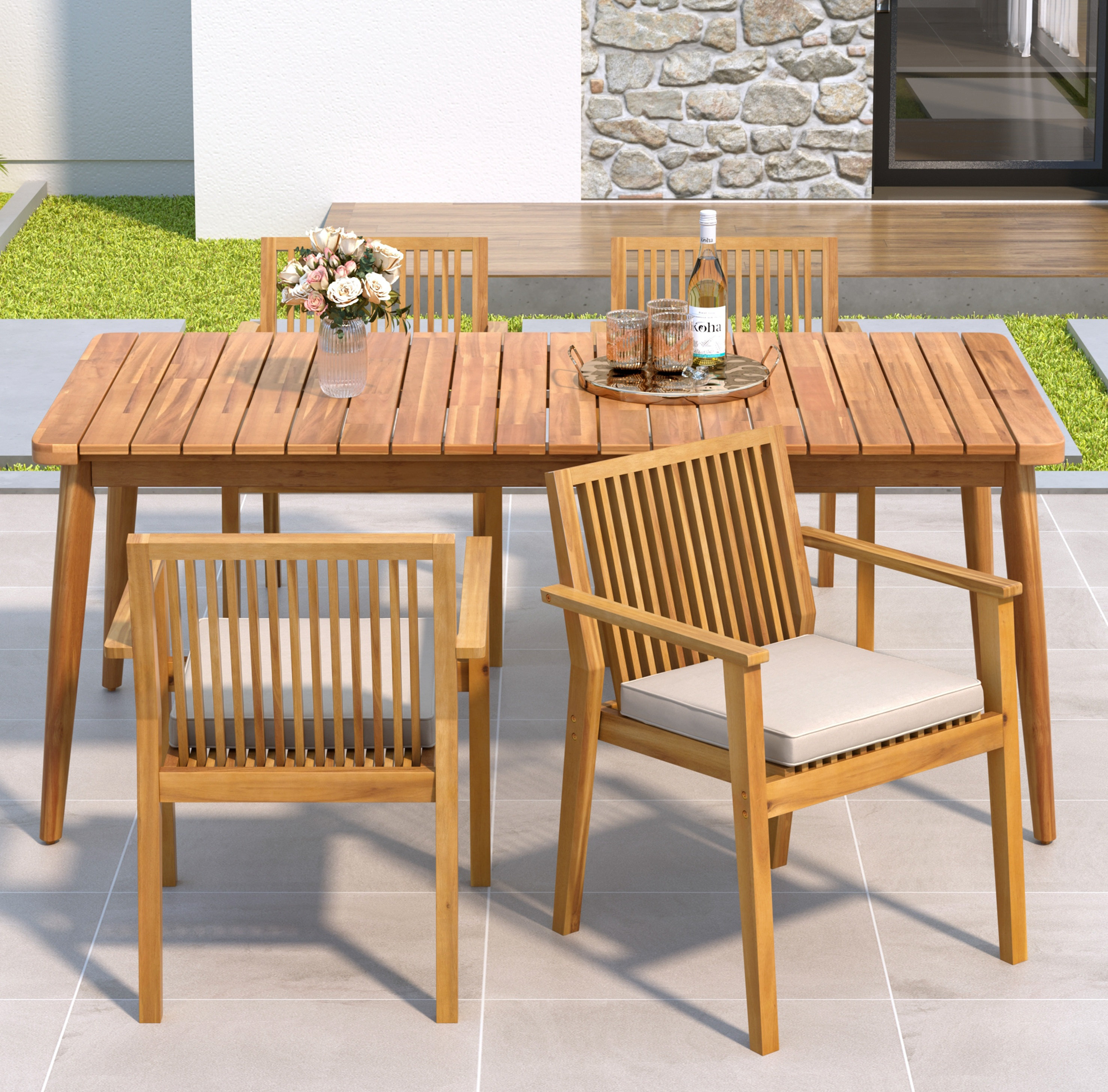 Hokku Designs Acacia Wood Outdoor Dining Set, Slatted Table & Chairs ...