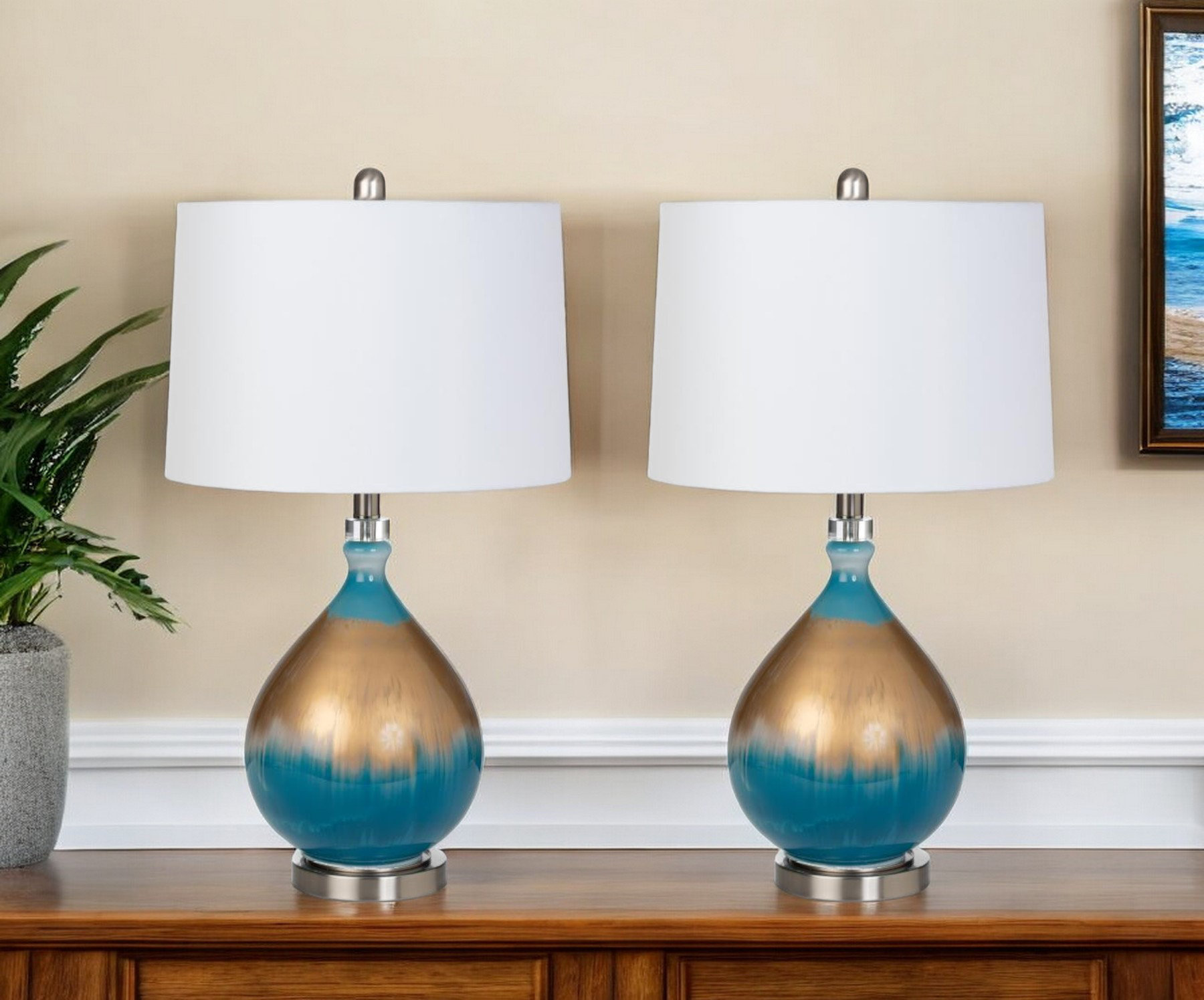 HomeRoots Set of Two 27" Blue and Gold Ombre Glass Table Lamps With ...