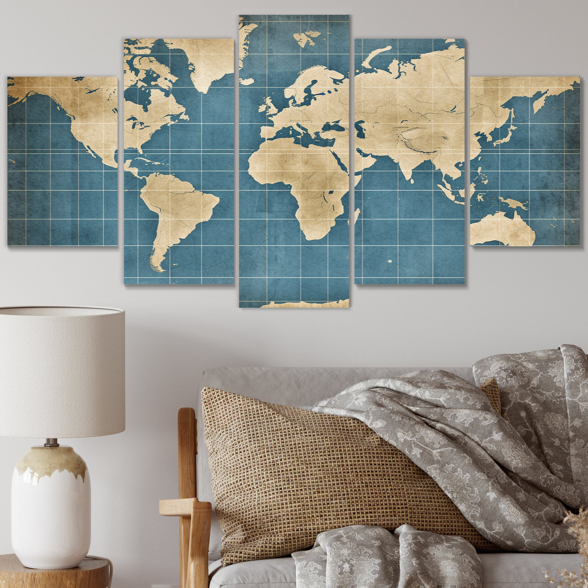 Design Art Ancient Map Of The World V - Maps Canvas Wall Art - 5 Panels ...