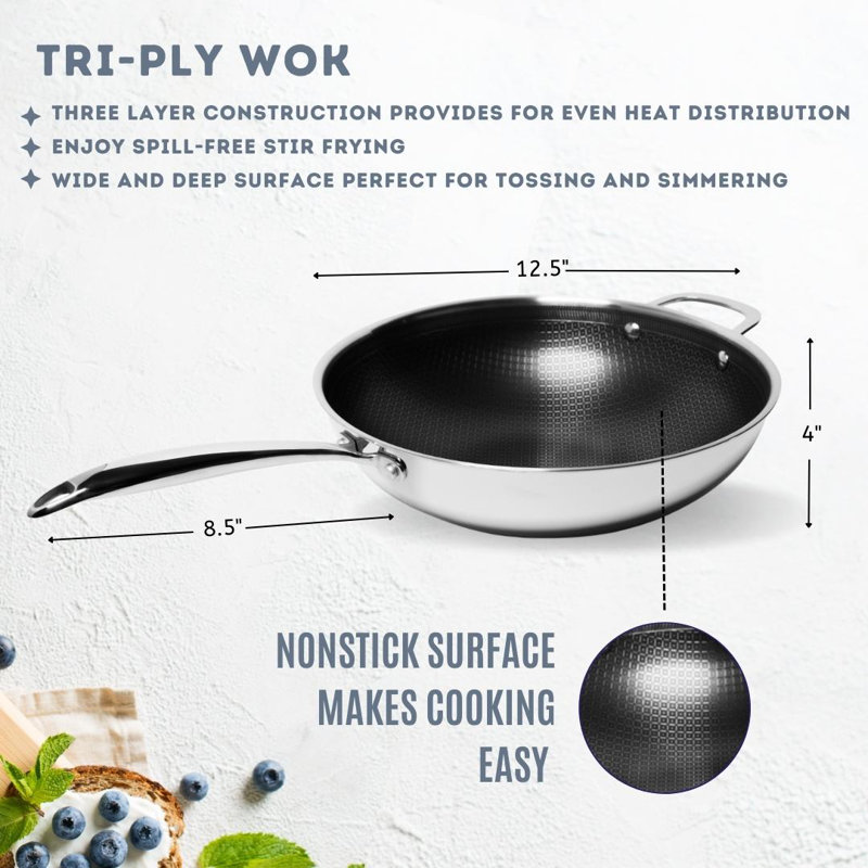 Lexi Home Modern Kitchen Basics 5 Quarts Non-Stick Stainless Steel Wok ...