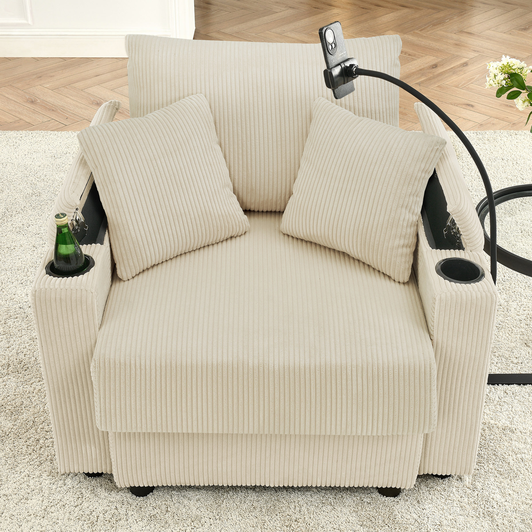 Latitude Run® Comfy Beige Living Room Chair With Armrest Storage ...