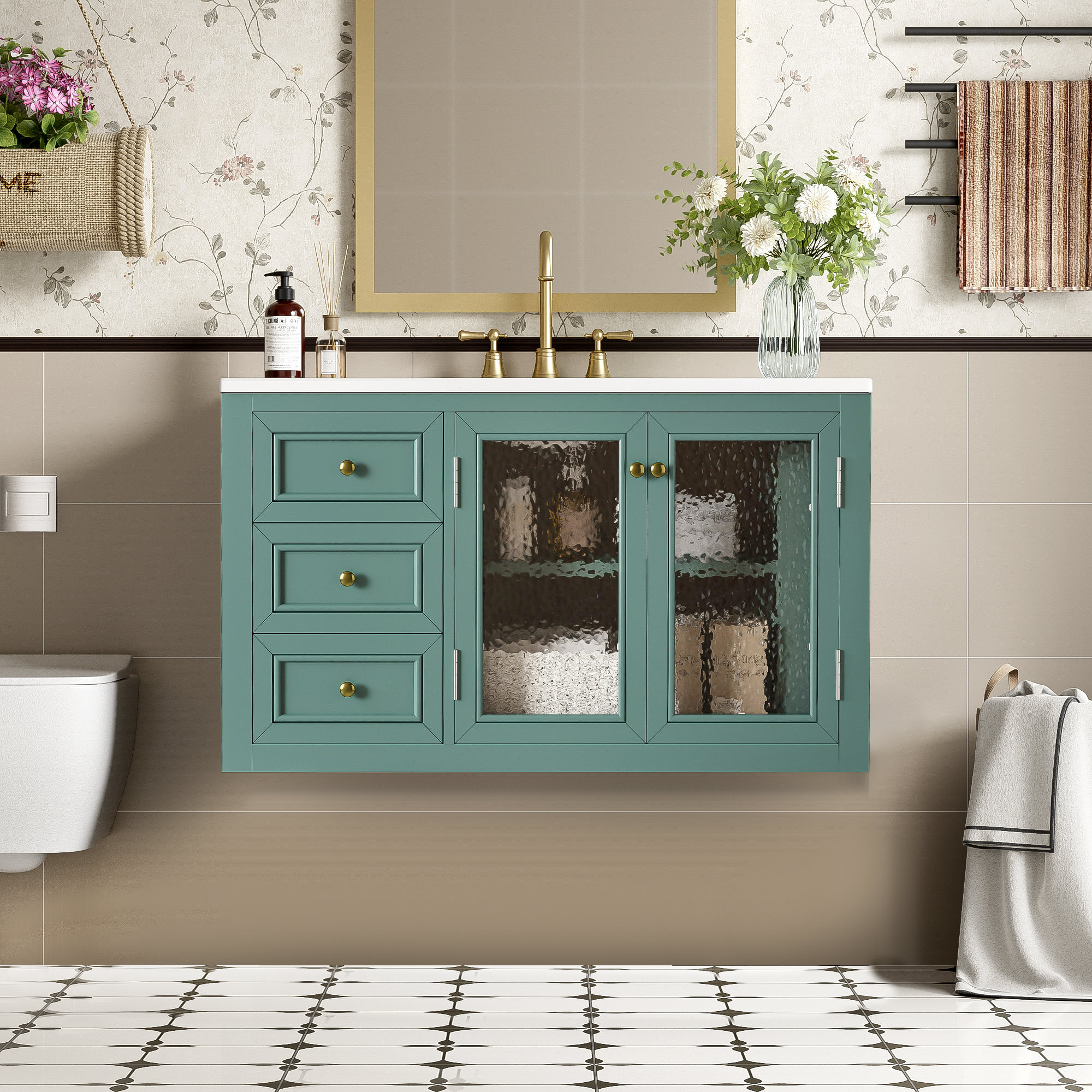 Winston Porter 36" Wall Mounted Single Bathroom Vanity with Ceramic Top ...