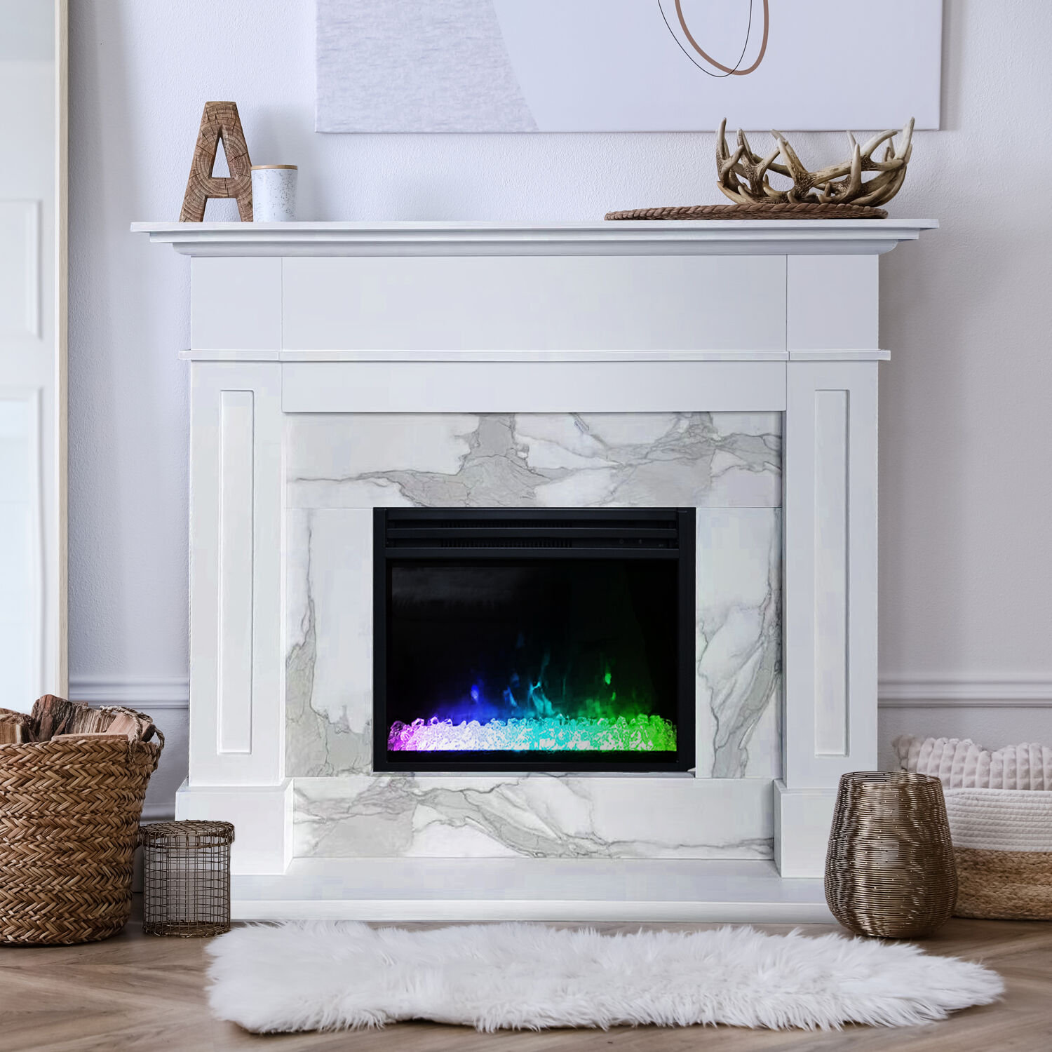Cambridge 53-In. Electric Fireplace Mantel with Marble in White and ...