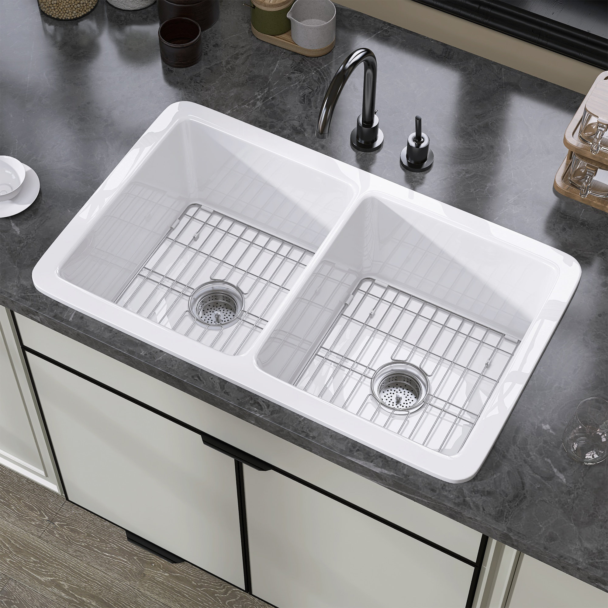 ZEAFIVE Kitchen Sinks 32" L x 19" W Double Bowl Fireclay Farmhouse Sink ...