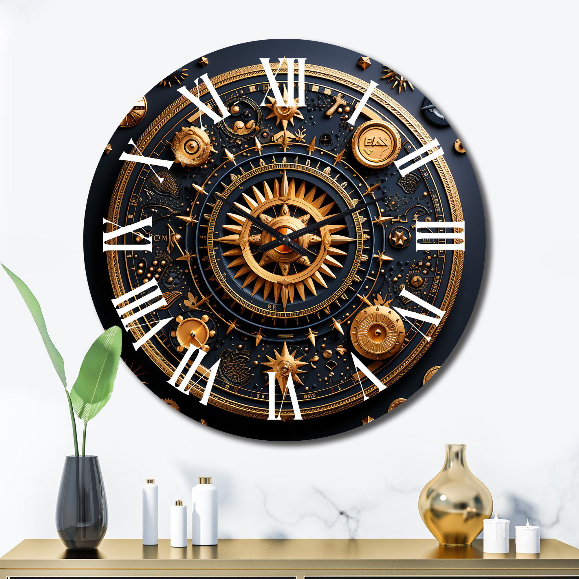 DesignArt Ancient Compass Geometric In Gold And Blue Metal Wall Clock ...