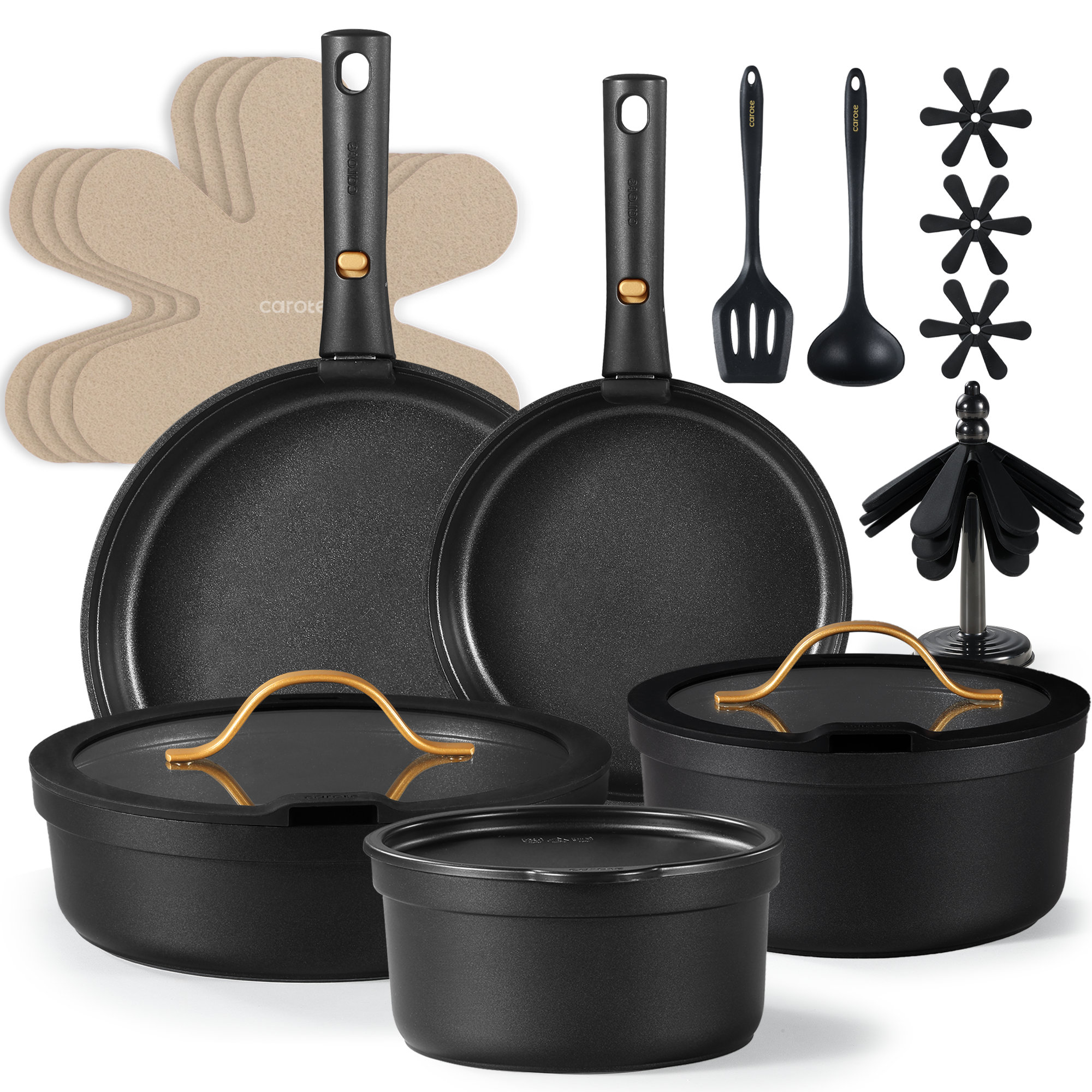 Carote X Leila Premium 20-piece Cookware Set, Nonstick Set With Versatile Detachable Handle ...
