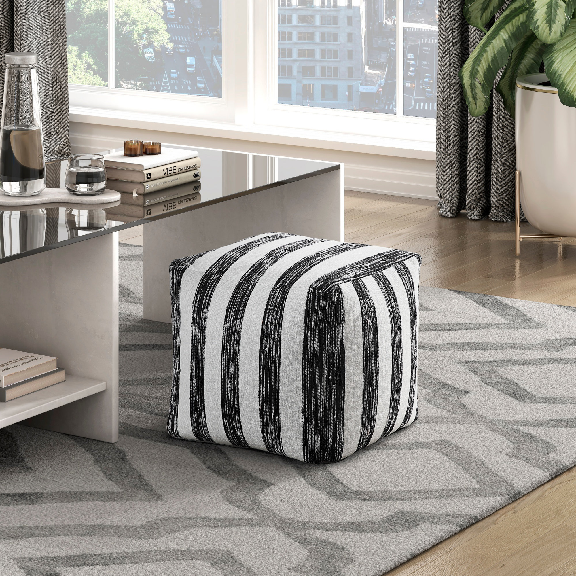 Gracie Oaks Modern Pouf And Striped Fabric Upholste Ottoman, Non-Slip ...