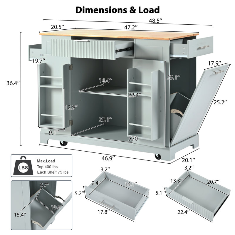 Lark Manor™ Kitchen Island with Trash Can Storage Cabinet | Wayfair