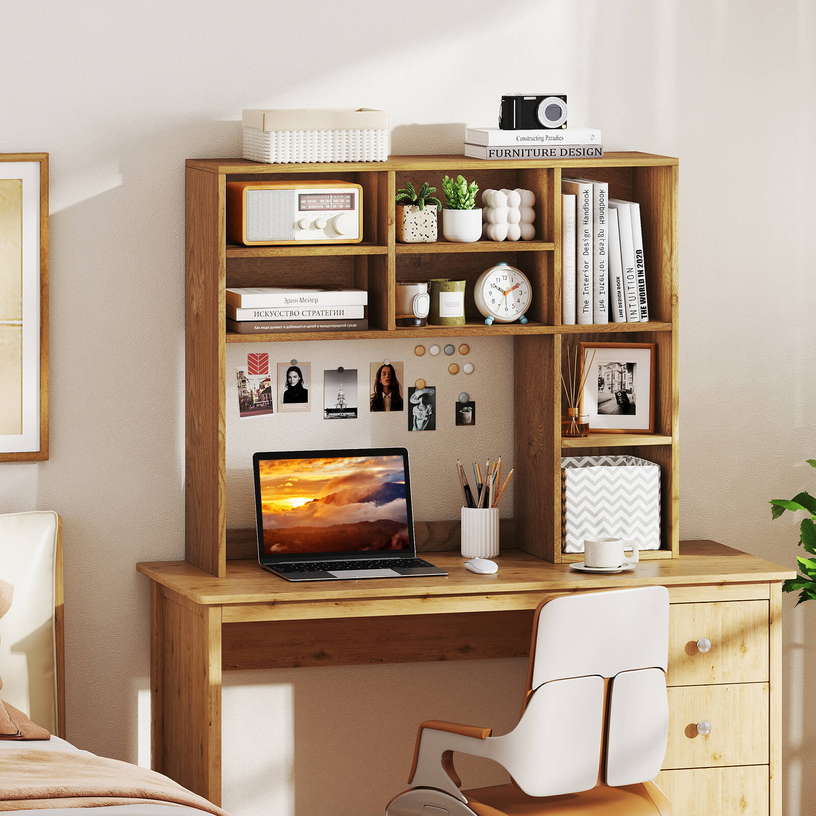 Ebern Designs Desktop Bookshelf Desk Storage Hutch With 7 Open Cubbies ...