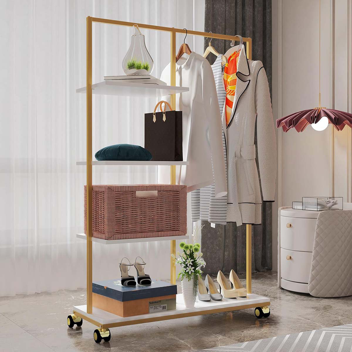 Everly Quinn Gold Clothing Rack With Shelves Heavy Duty Garment Rack 4 ...