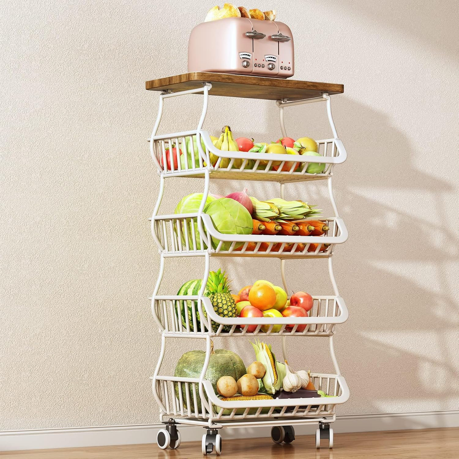 CHUANGWENYI Fruit Basket For Kitchen With Wood Top 5 Tier, Stackable ...