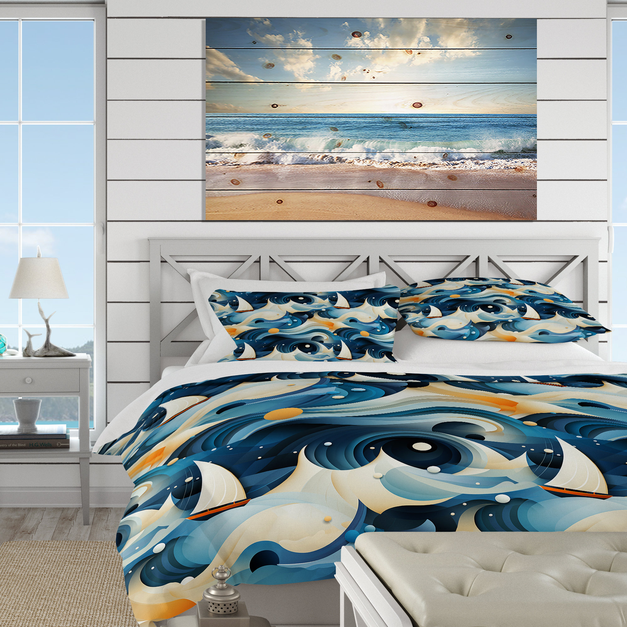 Design Art Blue And White Wave - Coastal Duvet Cover Set - Microfiber ...