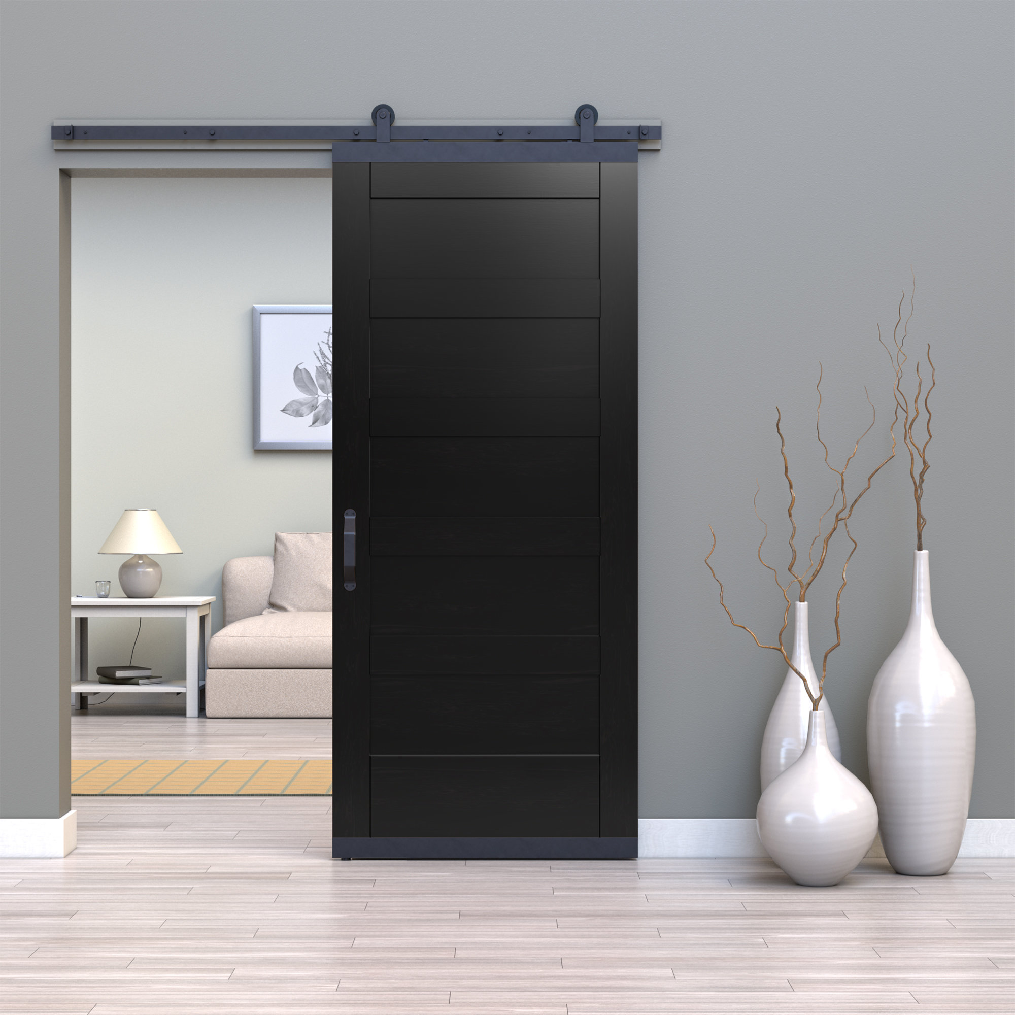 JELD-WEN Karona 5 Panel Black Stained Maple Wood Sliding Barn Door with ...