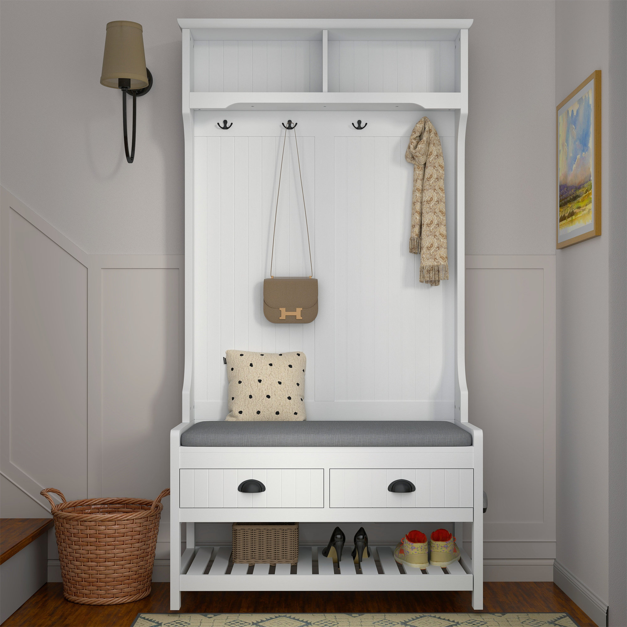 Lark Manor Modern 3-In-1 Hall Tree With 2 Storage Drawers, 4 Coat Rack ...