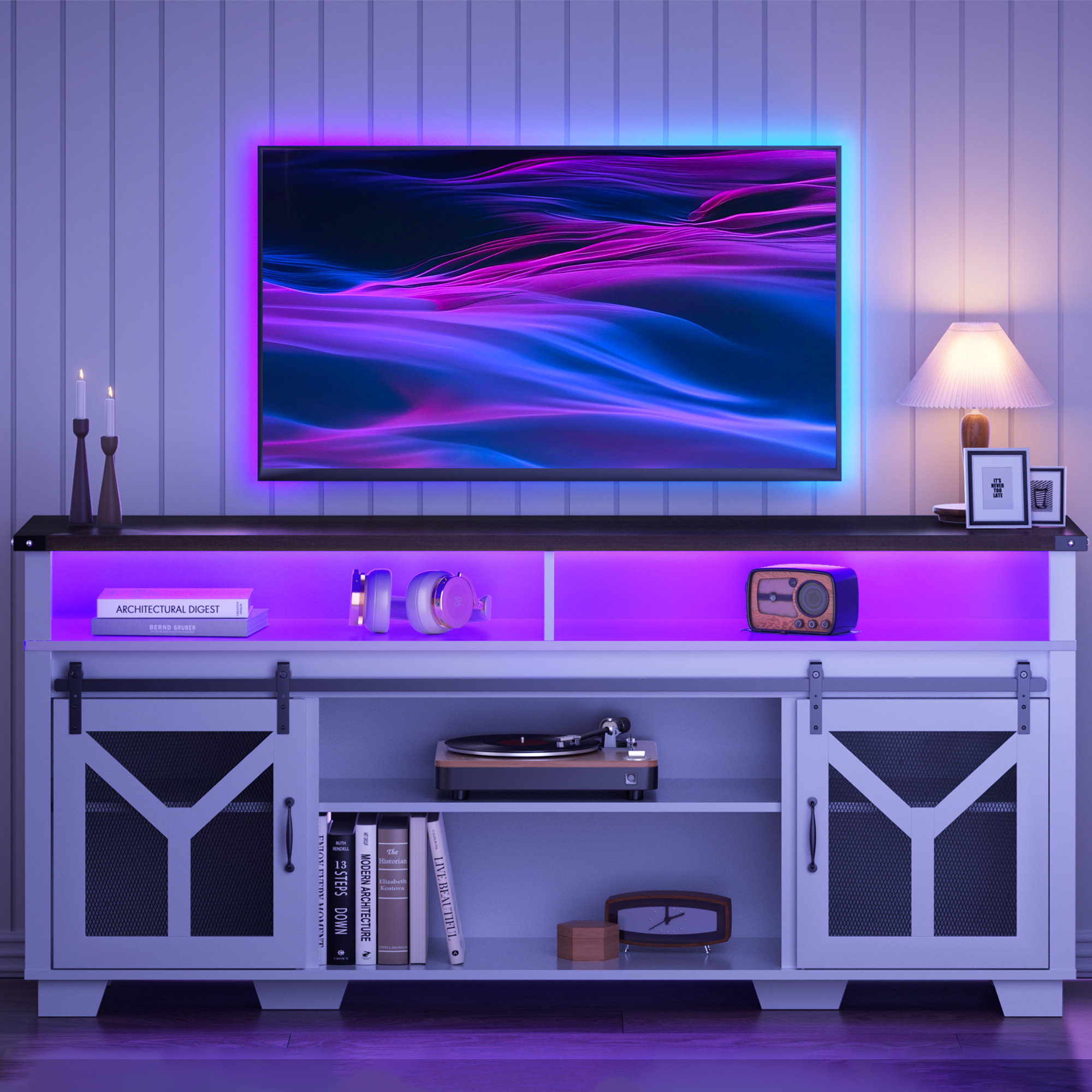 August Grove® Christinea Farmhouse TV Stand LED TV Console for TVs up ...