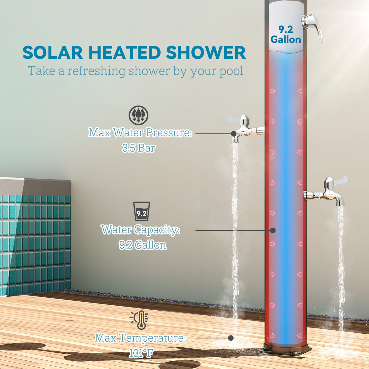 Outsunny 9.2 Gal Solar Heated Outdoor Shower, 2-Section 7.1F Outdoor ...