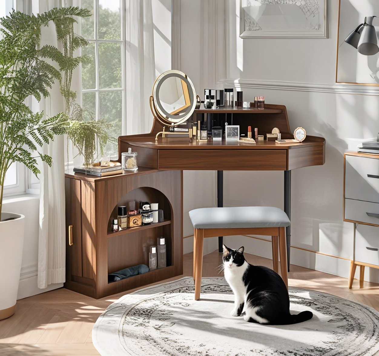 Corrigan Studio® Corner Vanity Set With Stools And Adjustable Lighting ...