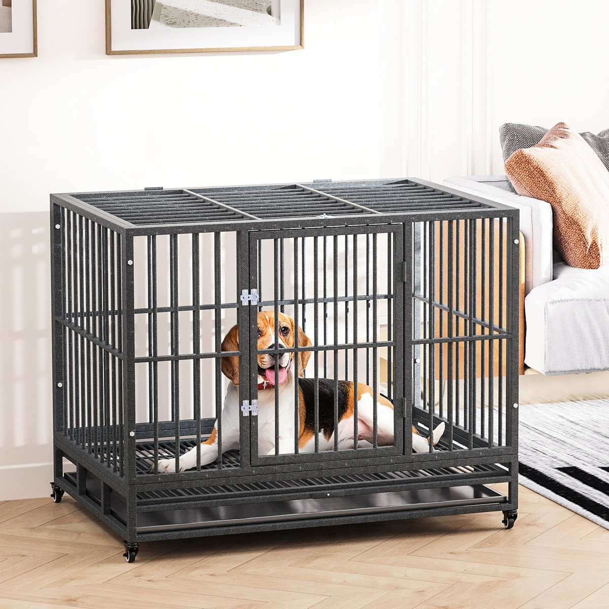 Hokku Designs 43" Grey Metal Dog Cage With Lockable Wheels, Double Door ...
