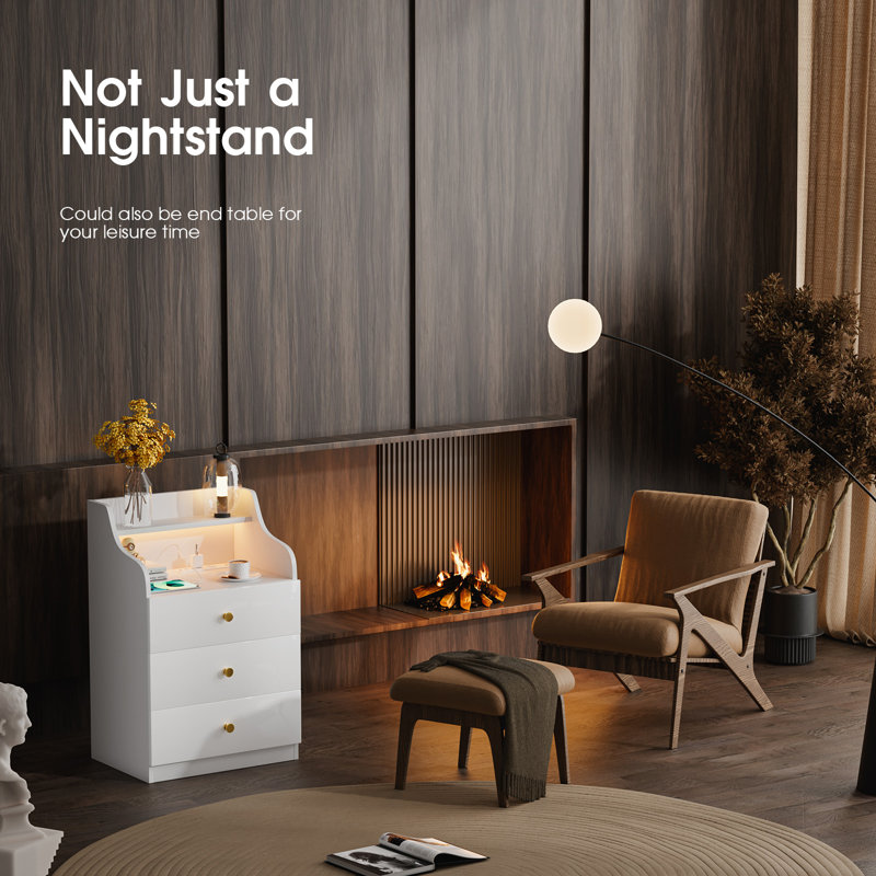Wrought Studio™ Nightstand with LED Light Charging Station 3 Drawer ...