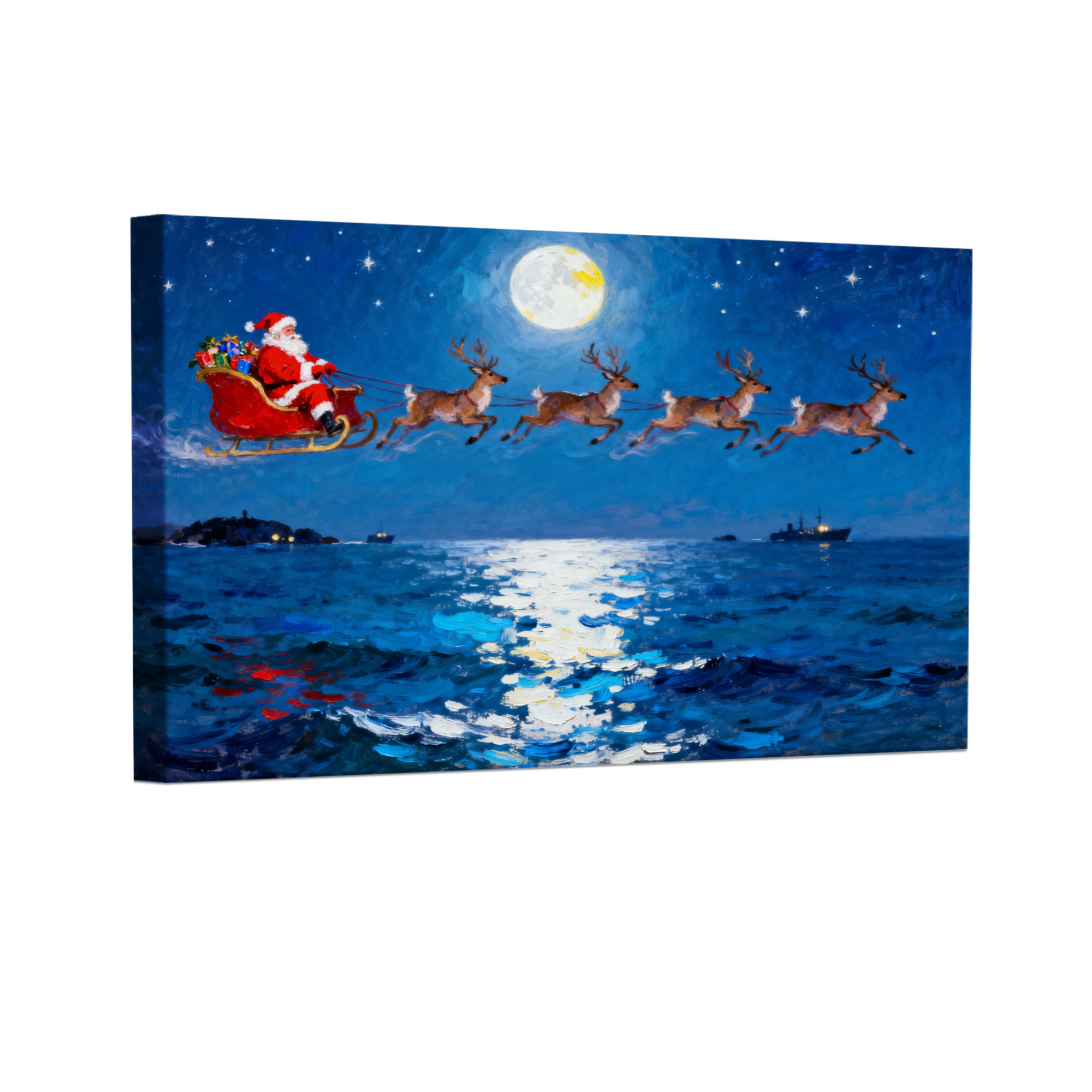 Charlton Home® Christmas Santa Flying Over Ocean At Night With Reindeer ...