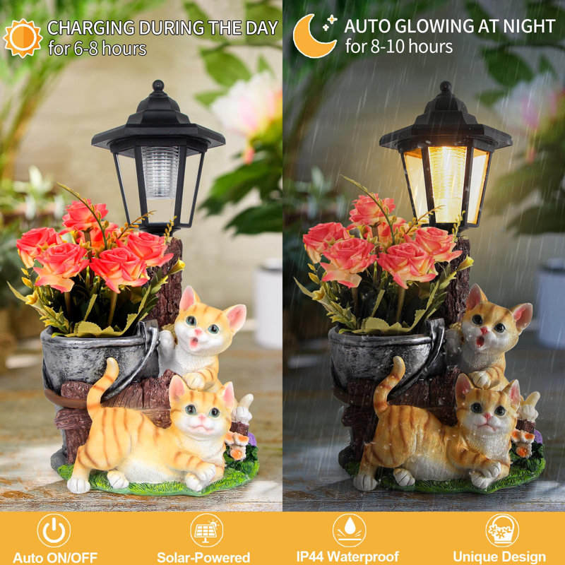 Trinx Solar Powered Cat Garden Statue Outdoor, Adorable Cat Statue ...