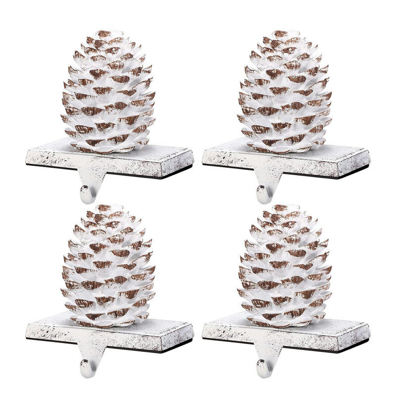 AMIZOY 4 Pieces Christmas Pine Cone Stocking Holder Metal Mantel ...
