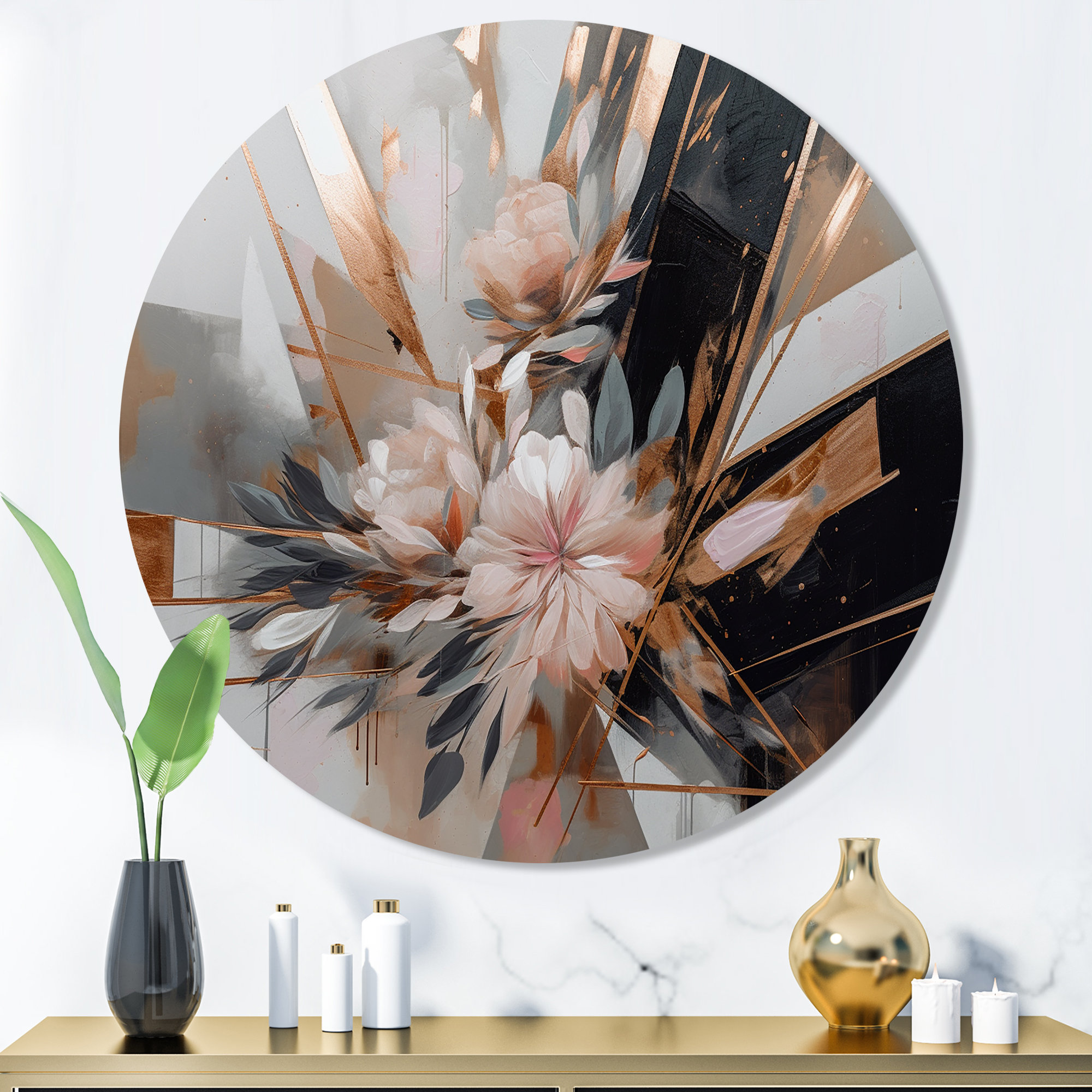 Mercer41 Rose Gold Linear Floral Elegance II - Floral Round Wall Art on Metal | Wayfair