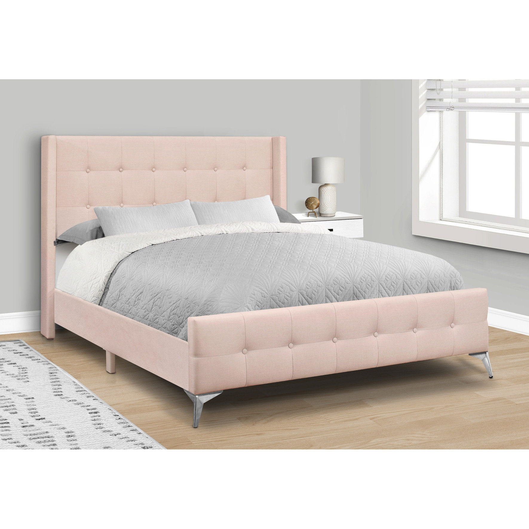 fengshu Glamorous Queen Size Bed In Pink Velvet With Foam Padding And ...