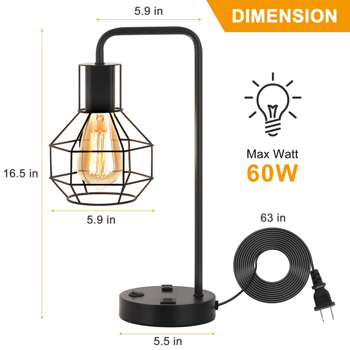 17 Stories USB Edison Industrial Beside Table Lamps with 2-Prong AC ...