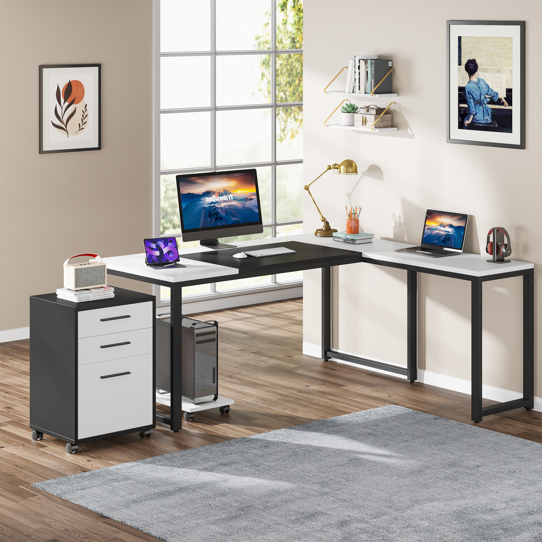 Latitude Run® 63" Large L-Shaped Executive Desk with File Cabinet ...