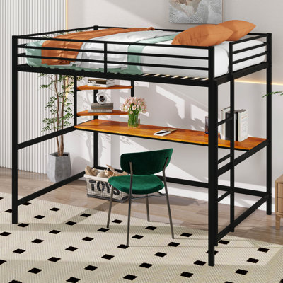 Full Size Metal Loft Bed With Desk And Storage Shelves, High Loft Bed ...