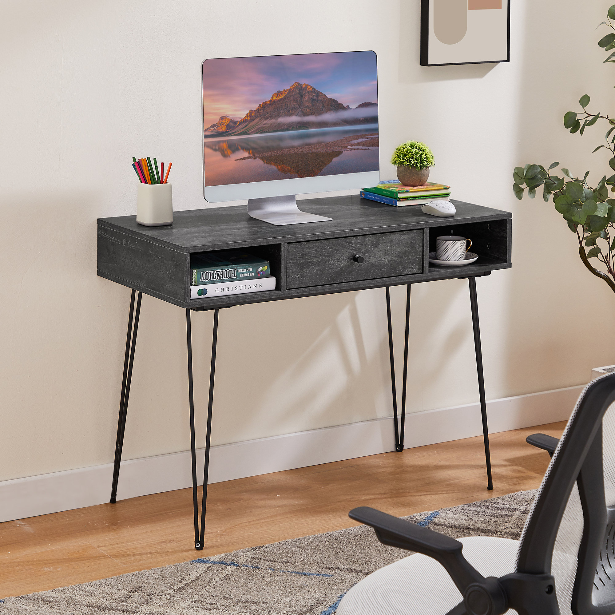 Borough Wharf Modern Home Office Table with Drawers, Computer Desk with ...
