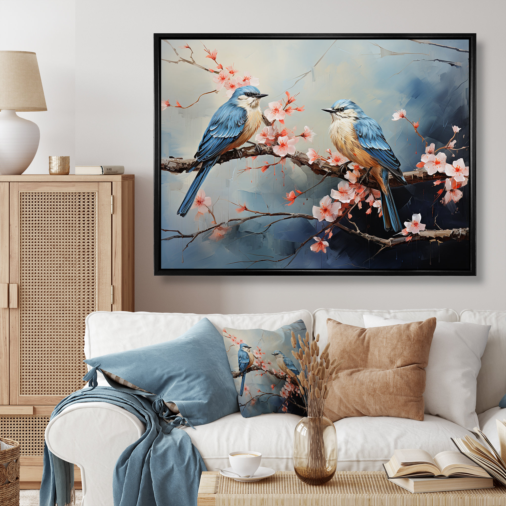 Red Barrel Studio® Sakura Blue Birds On Pink Blossom Tree - Bird Wall ...