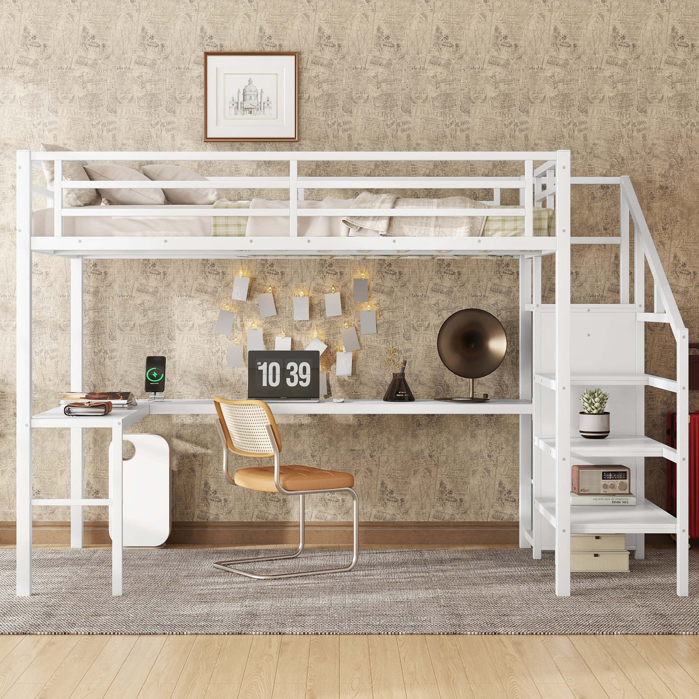 Ivy Bronx Loft Bed With L-Shaped Desk And USB, Metal Loft Bed With ...