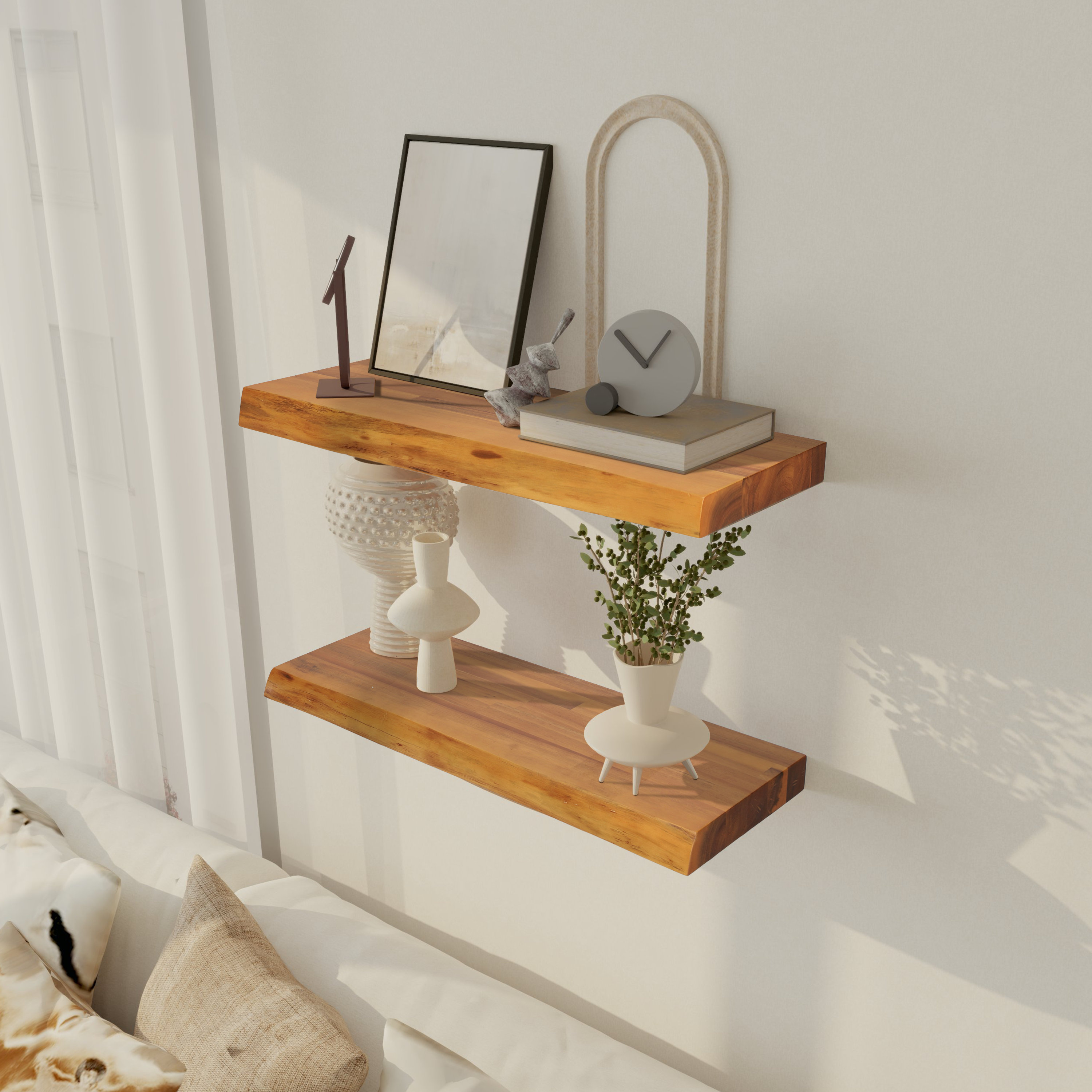 Millwood Pines Lunenburg 2 Pieces Acacia Solid Wood Floating Shelves ...