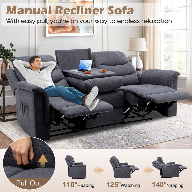 Latitude Run® 78" Upholstered Manual Reclining Sofa with Console and ...