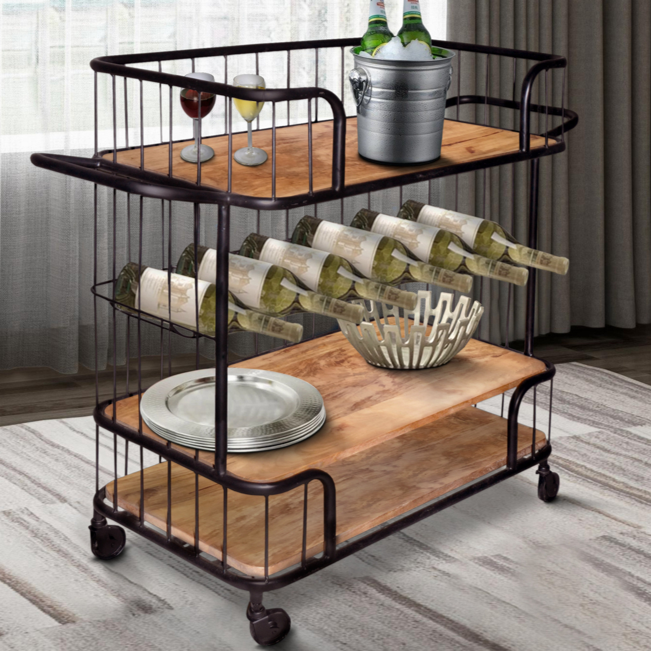 17 Stories Tensie Solid Wood Bar Cart | Wayfair