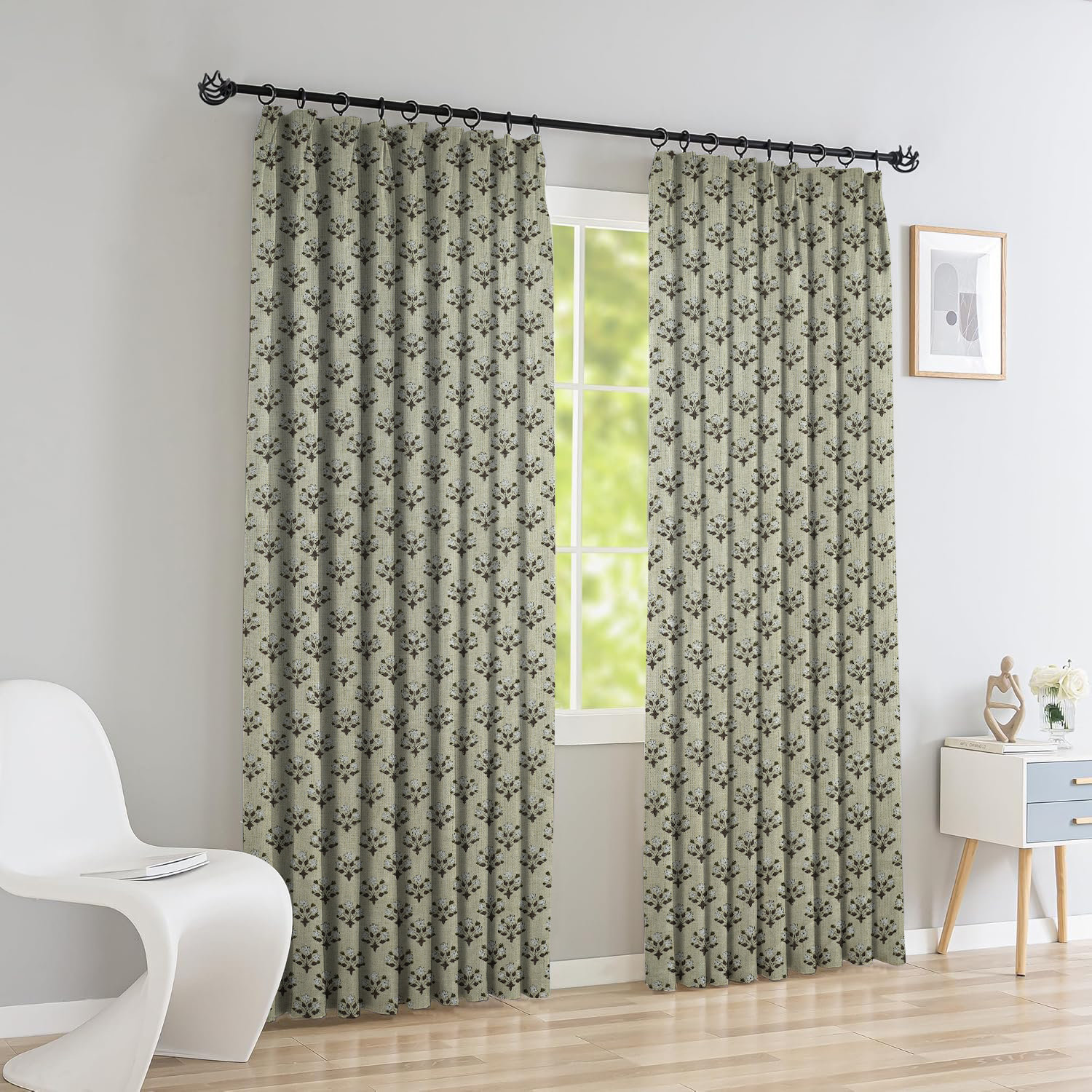 Fabdivine Brown or White Handmade Floral Block Print Curtain Linen 27x120 Inches, Pleated Pinch ...