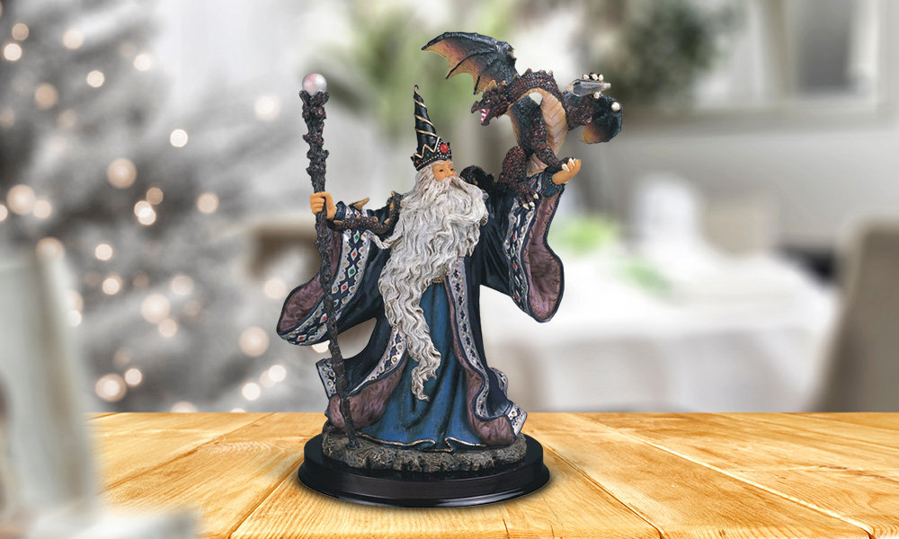 Trinx 9"H Blue Wizard with Magic Wand and Dragon | Wayfair